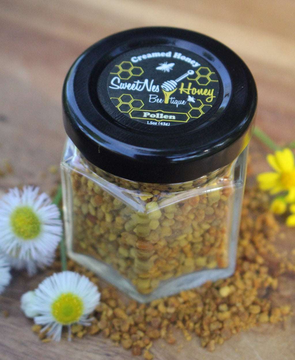 1 oz Pollen in Glass Hex Jar – SweetNes Honey Apiaries & Beetique